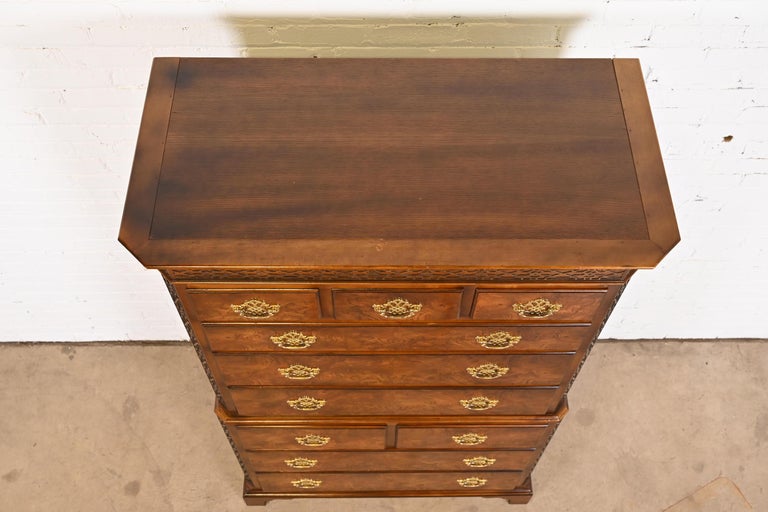 Baker Furniture Chippendale Burled Walnut Ten-Drawer Highboy Dresser at ...