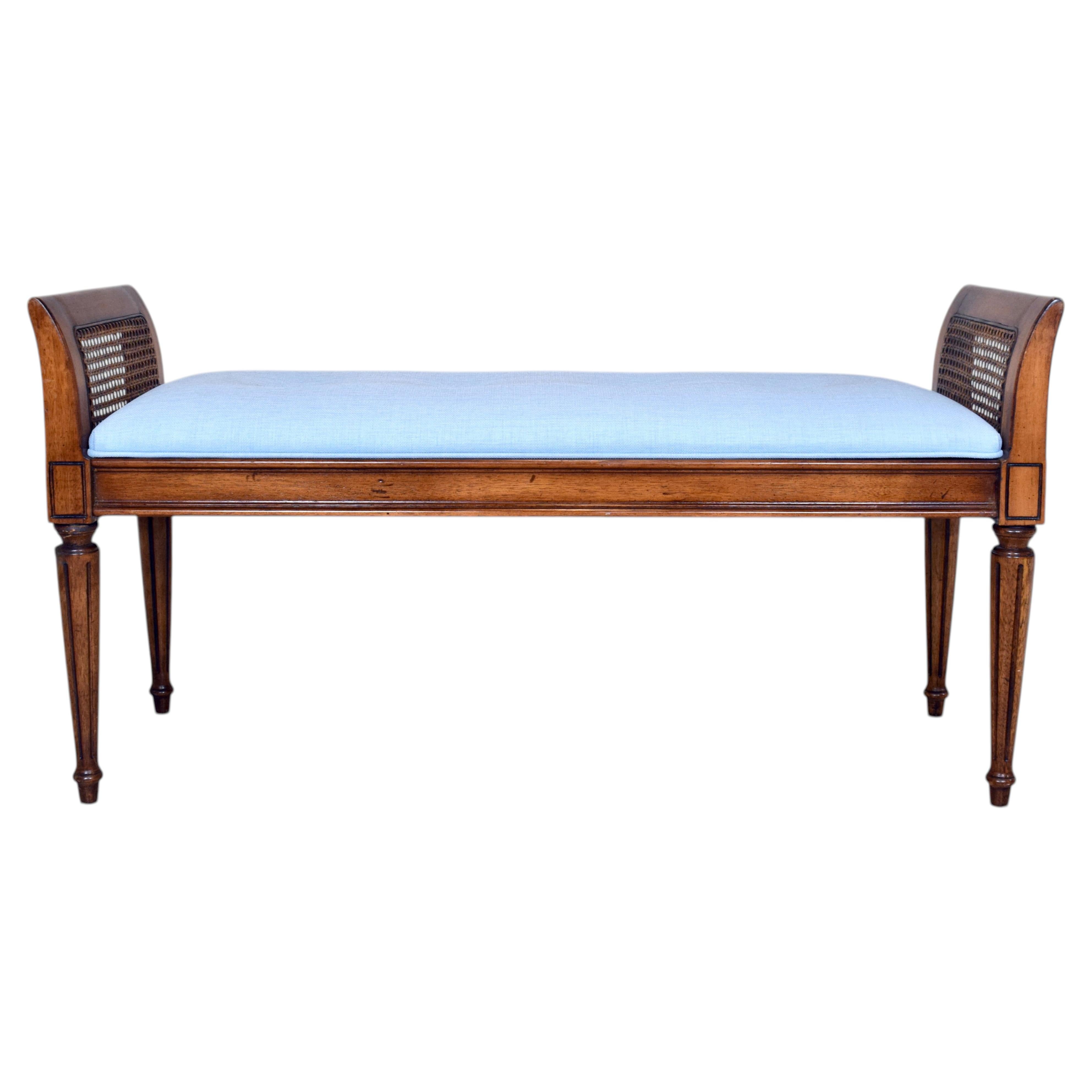 Baker Furniture Louis XVI Style Walnut Bench with Blue Upholstery For ...