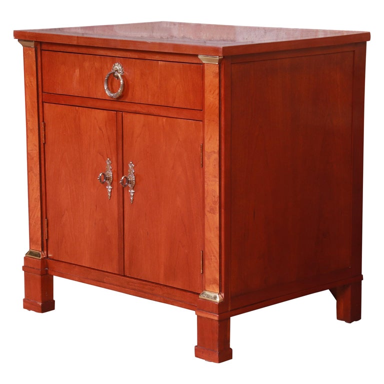 Baker Furniture Neoclassical Cherry and Burl Wood Nightstand at 1stDibs