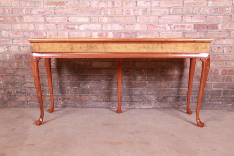 Baker Furniture Queen Anne Cherry and Burl Wood Console Table, Newly ...