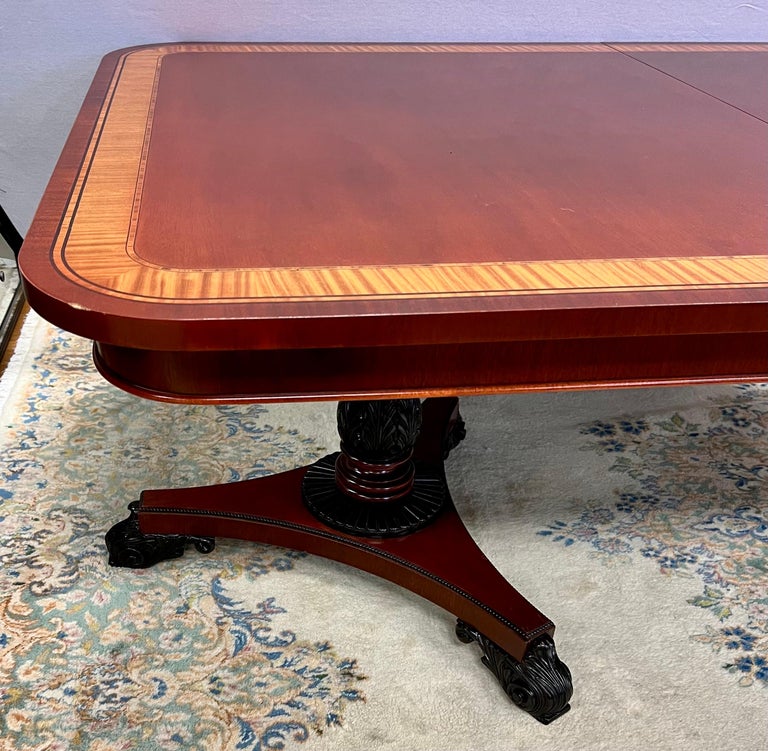 Baker Furniture Signed Mahogany Inlay Expandable Pedestal Dining Table ...