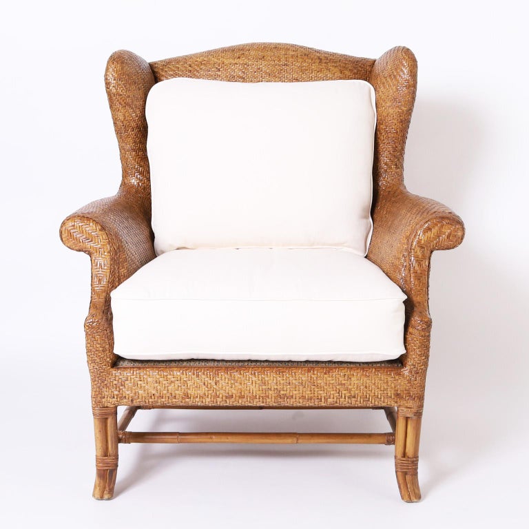 Baker Grasscloth and Bamboo Wingback Armchair For Sale at 1stDibs