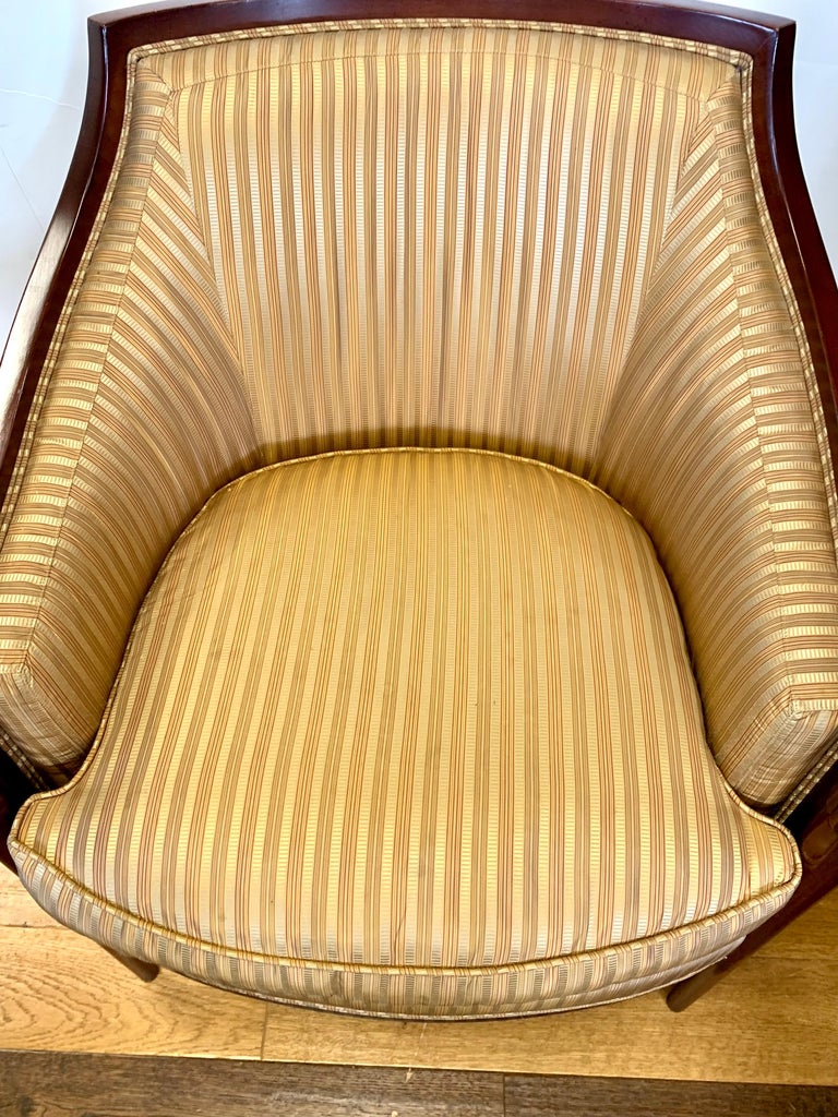 Baker Mahogany Silk Upholstered Barrel Back Armchair at 1stDibs