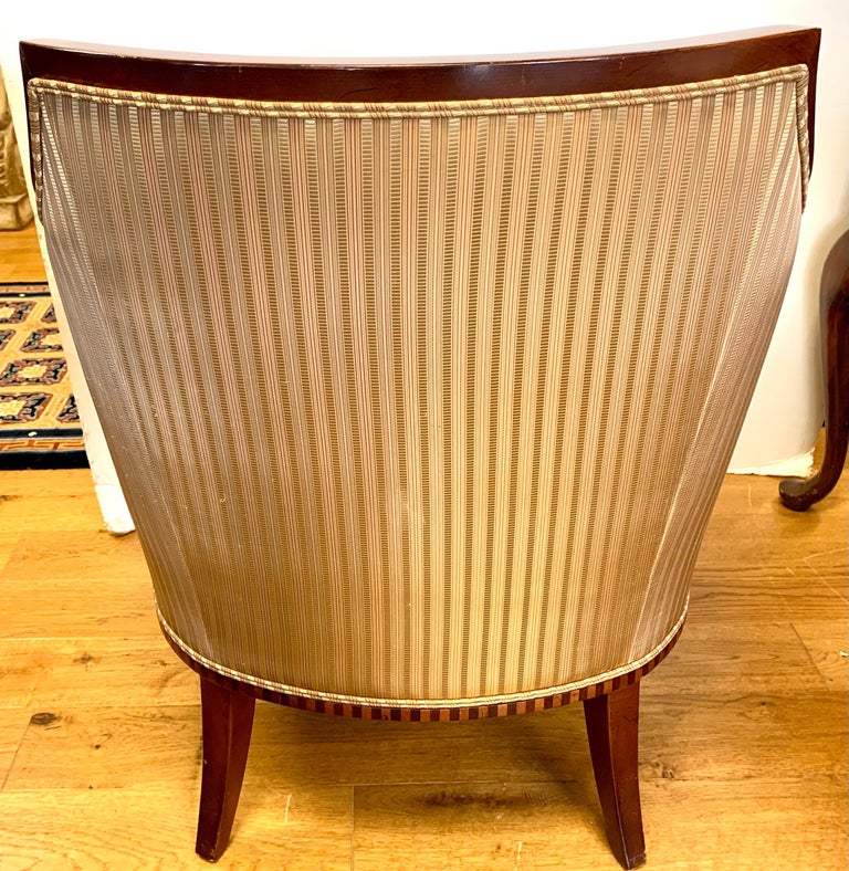 Baker Mahogany Silk Upholstered Barrel Back Armchair at 1stDibs