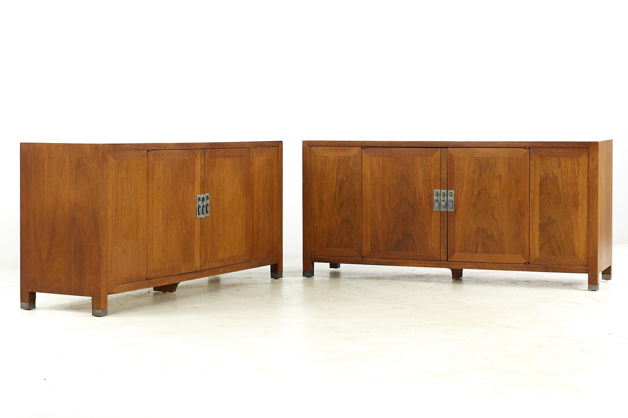 Baker Style Mid Century Walnut Low Credenzas - Pair For Sale at 1stDibs