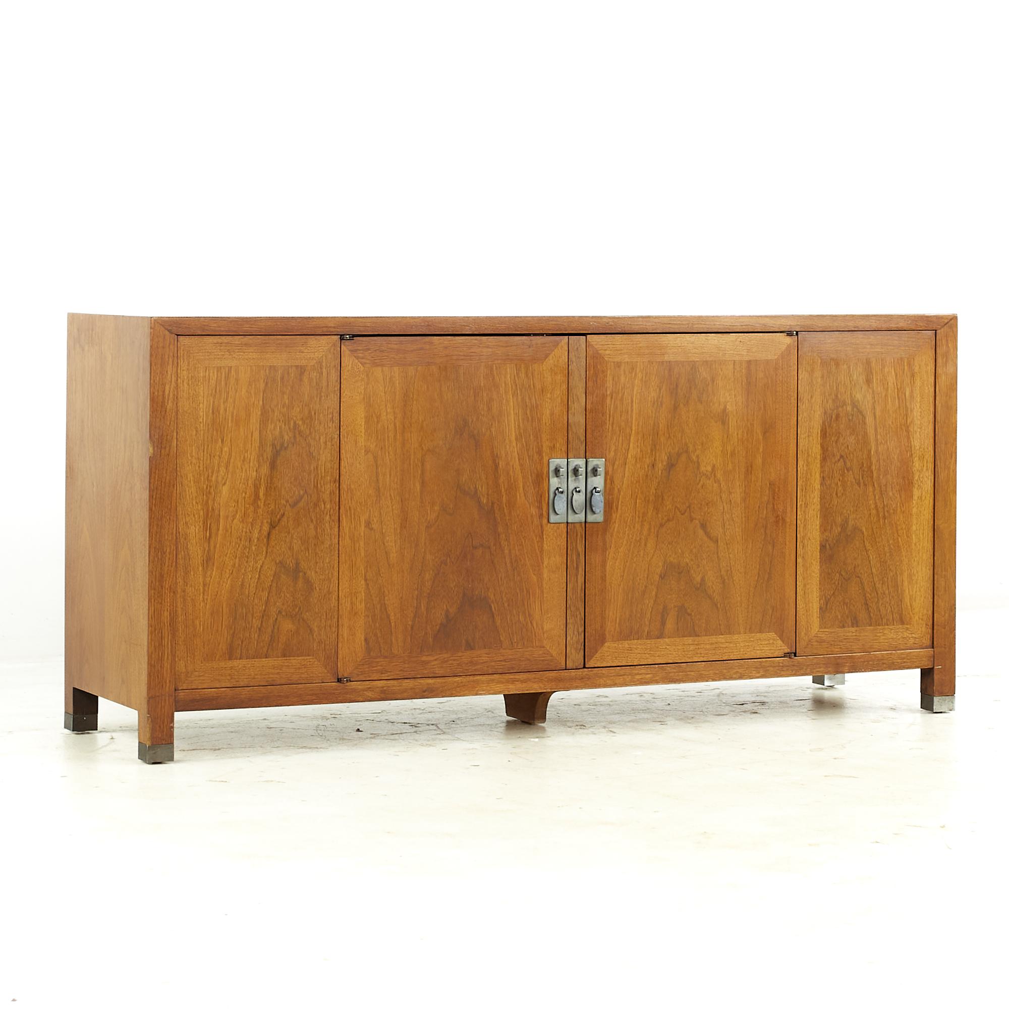 Baker Style Mid Century Walnut Low Credenzas - Pair For Sale at 1stDibs