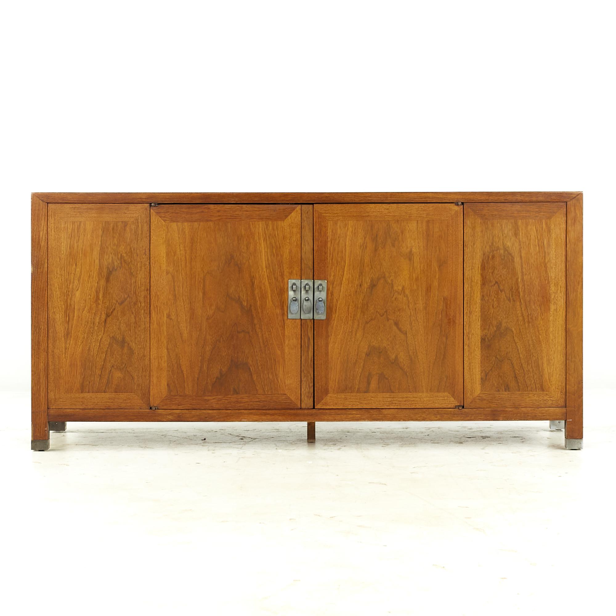 Baker Style Mid Century Walnut Low Credenzas - Pair For Sale at 1stDibs