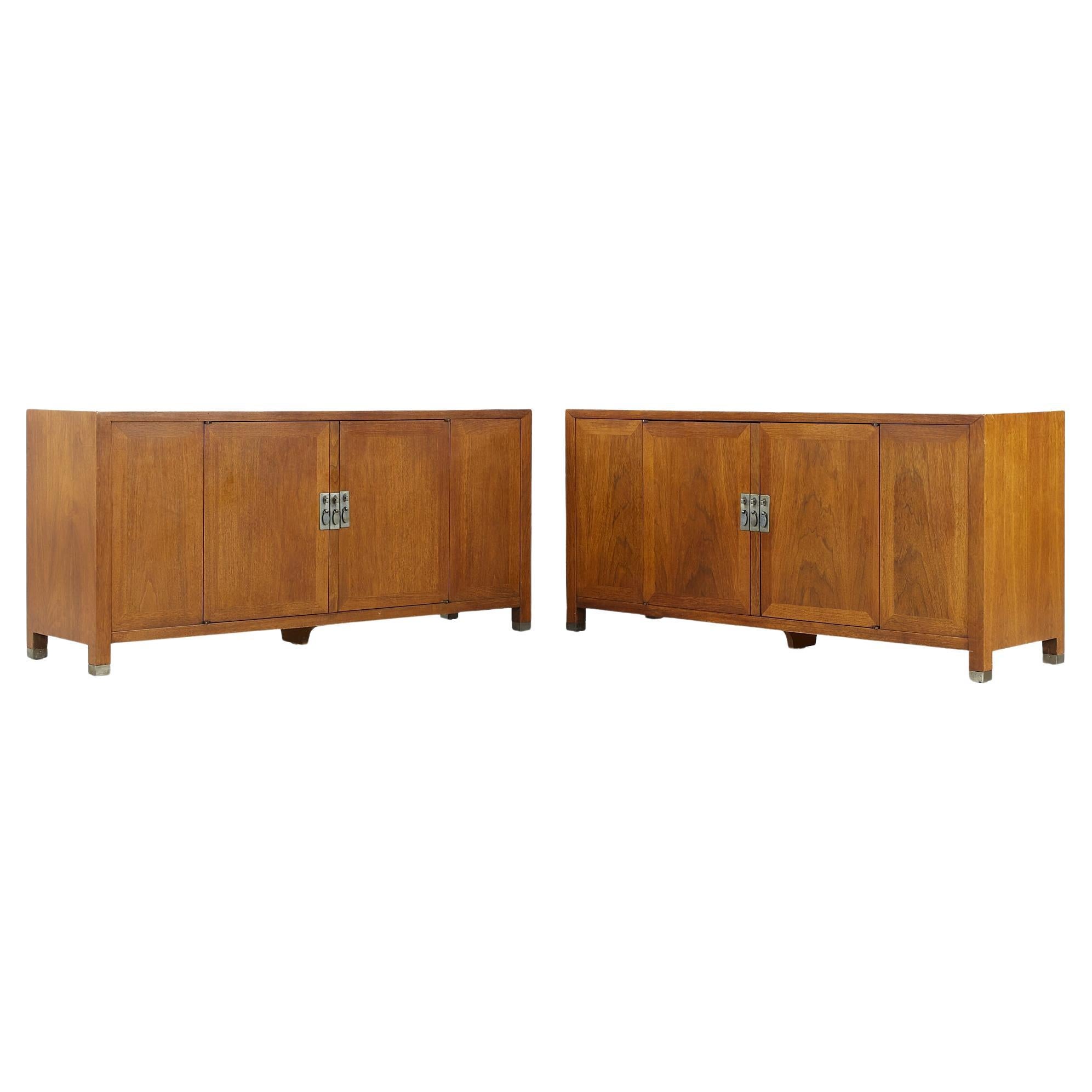 Baker Style Mid Century Walnut Low Credenzas - Pair For Sale at 1stDibs