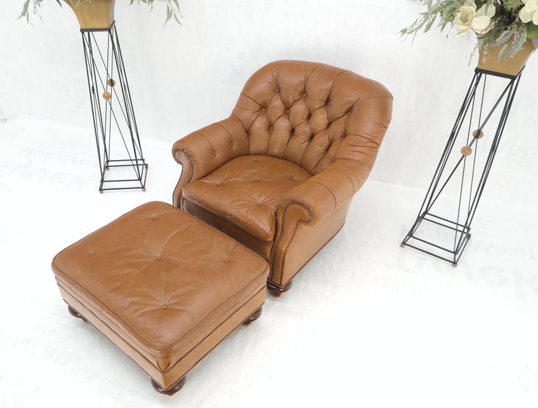 Baker Tan Leather Tufted Back Large Arm Chair w/ Ottoman Pouf Turned ...