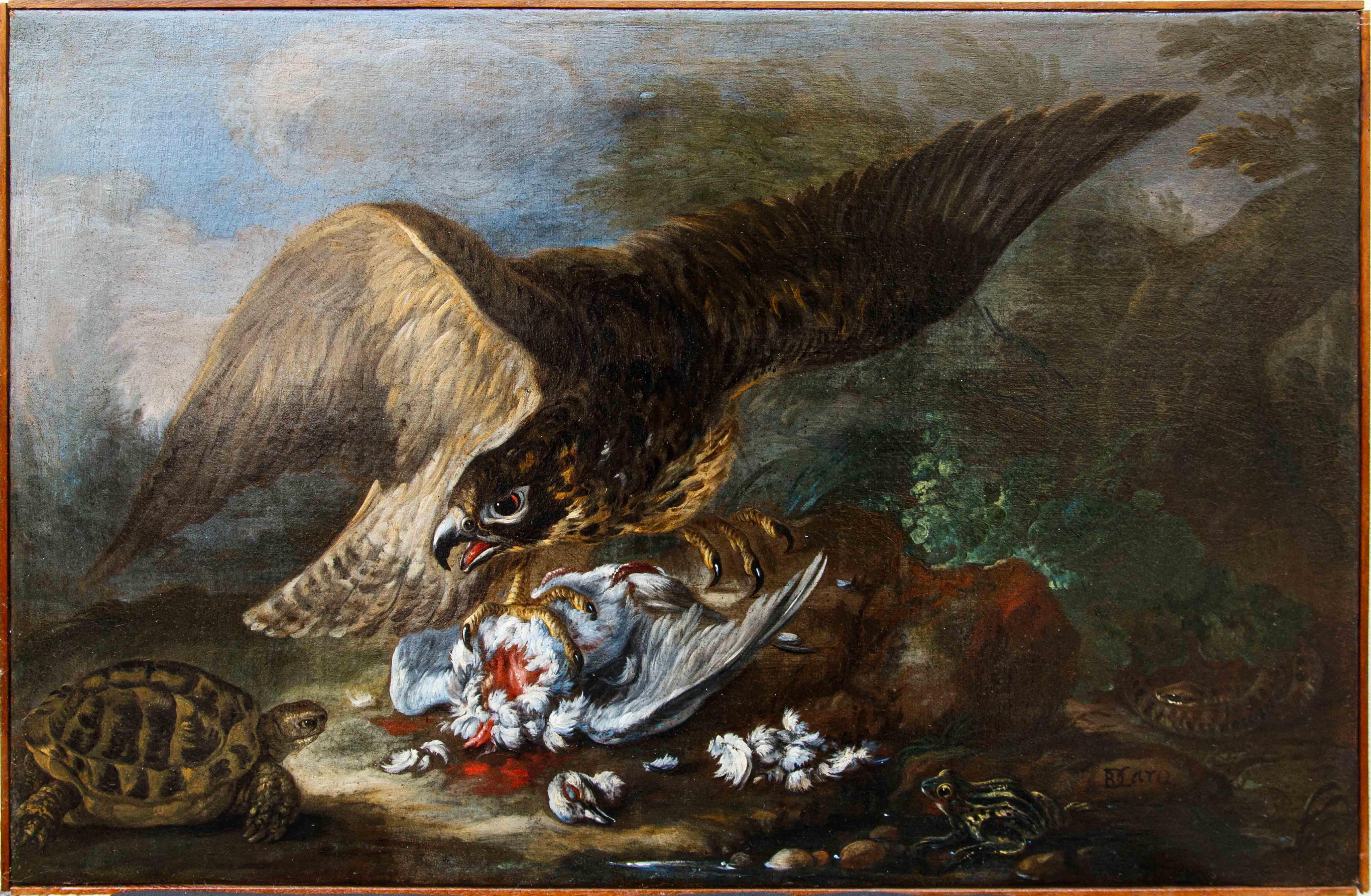 Baldassarre De Caro - Raptor with animals oil on canvas by Baldassarre ...