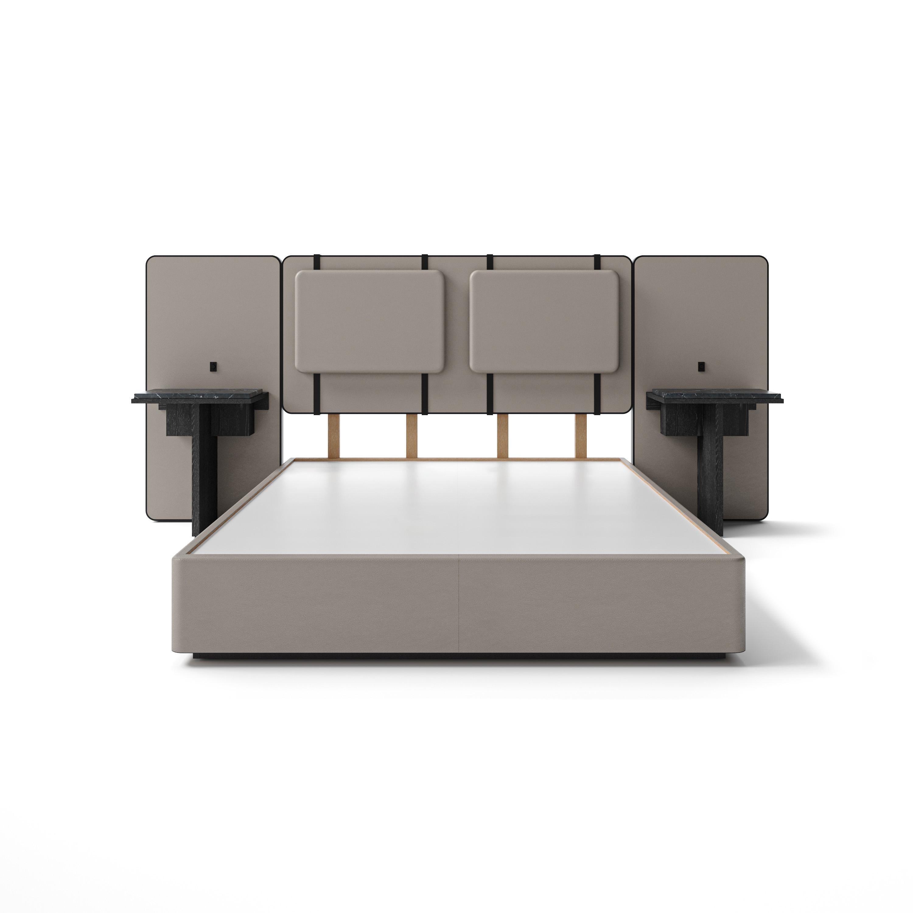 Baldwin Bed, leather bed w/ metal trim and wood nightstand w/ stone top ...