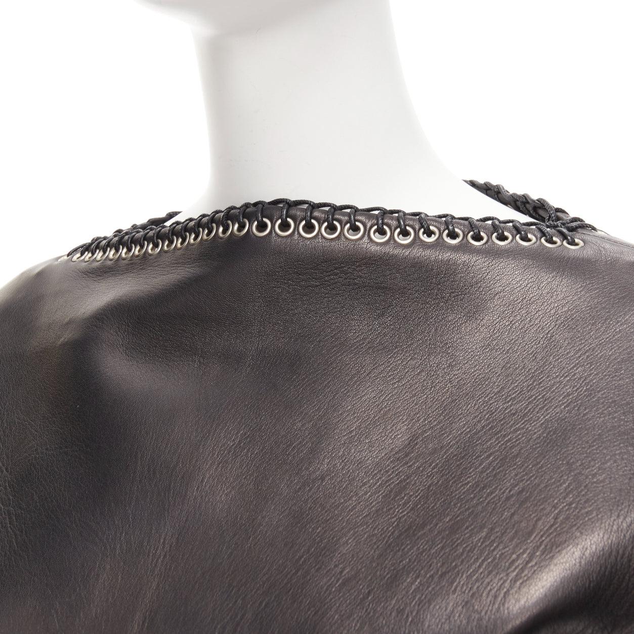 BALENCIAGA 2014 black lambskin leather grommet stud boxy cropped top ...