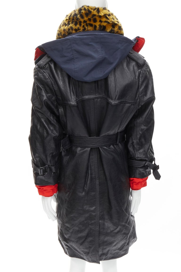 BALENCIAGA 2018 Ruway Triple Faux Layering black leather leopard fur coat XL For Sale at 1stDibs