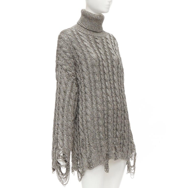 BALENCIAGA 2020 Demna metallic silver distressed hem turtleneck sweater ...