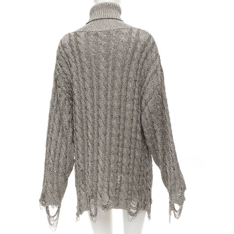 BALENCIAGA 2020 Demna metallic silver distressed hem turtleneck sweater ...