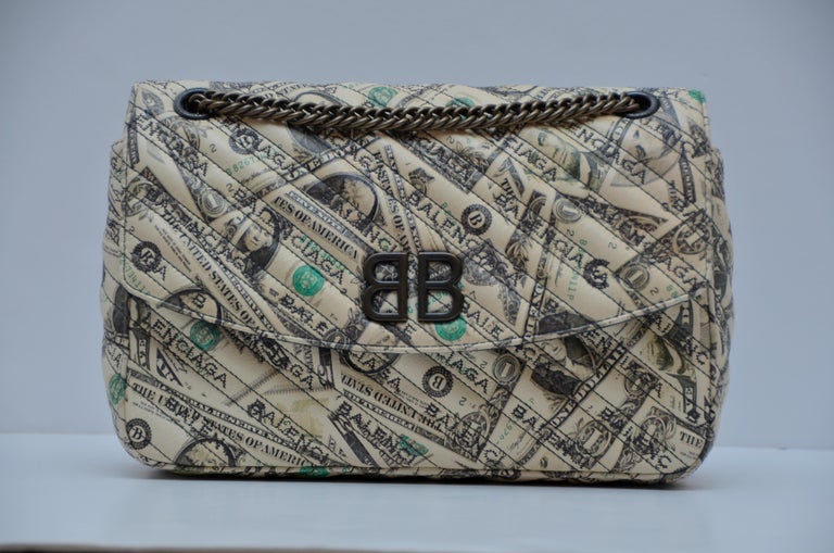 Balenciaga BB Round Medium Dollar Print Leather Chain Shoulder Bag at ...