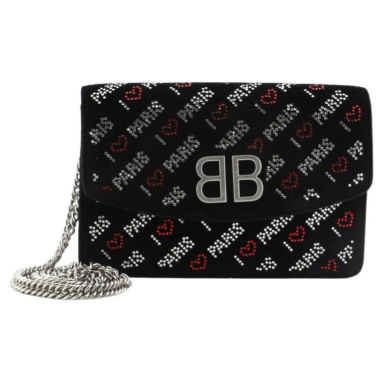 Balenciaga BB Round Wallet on Chain Crystal Embellished Velvet Small at ...