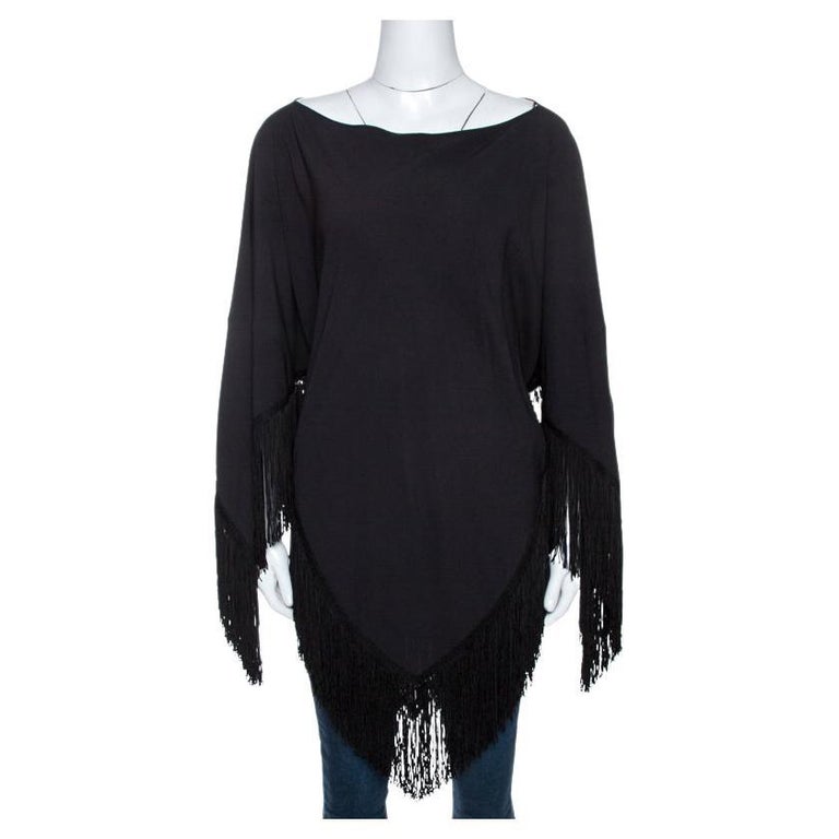 Balenciaga Black Crepe Fringed Poncho L For Sale at 1stDibs