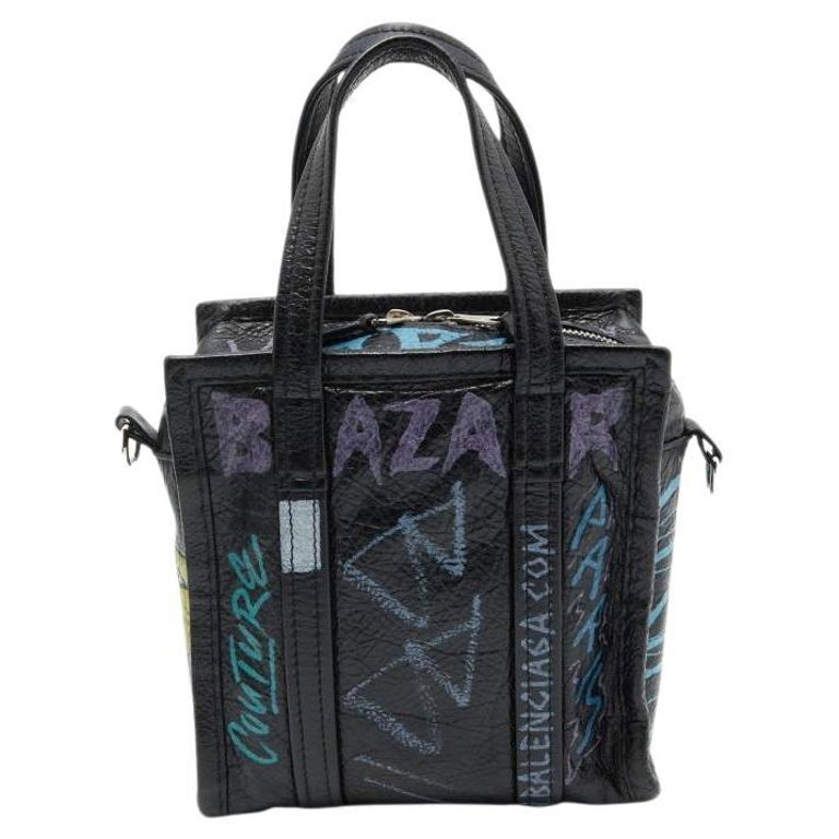 Balenciaga Black Graffiti Printed Leather Bazar Tote For Sale at 1stDibs