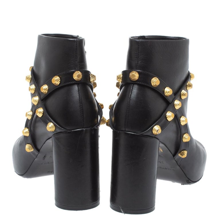 Balenciaga Black Leather Arena Studded Block Heel Ankle Boots Size 35.5 ...