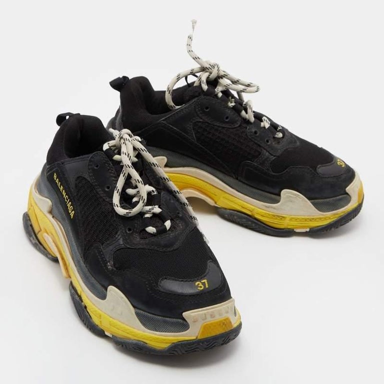 Balenciaga Black/Yellow Leather and Mesh Triple S Clear Sneakers Size ...
