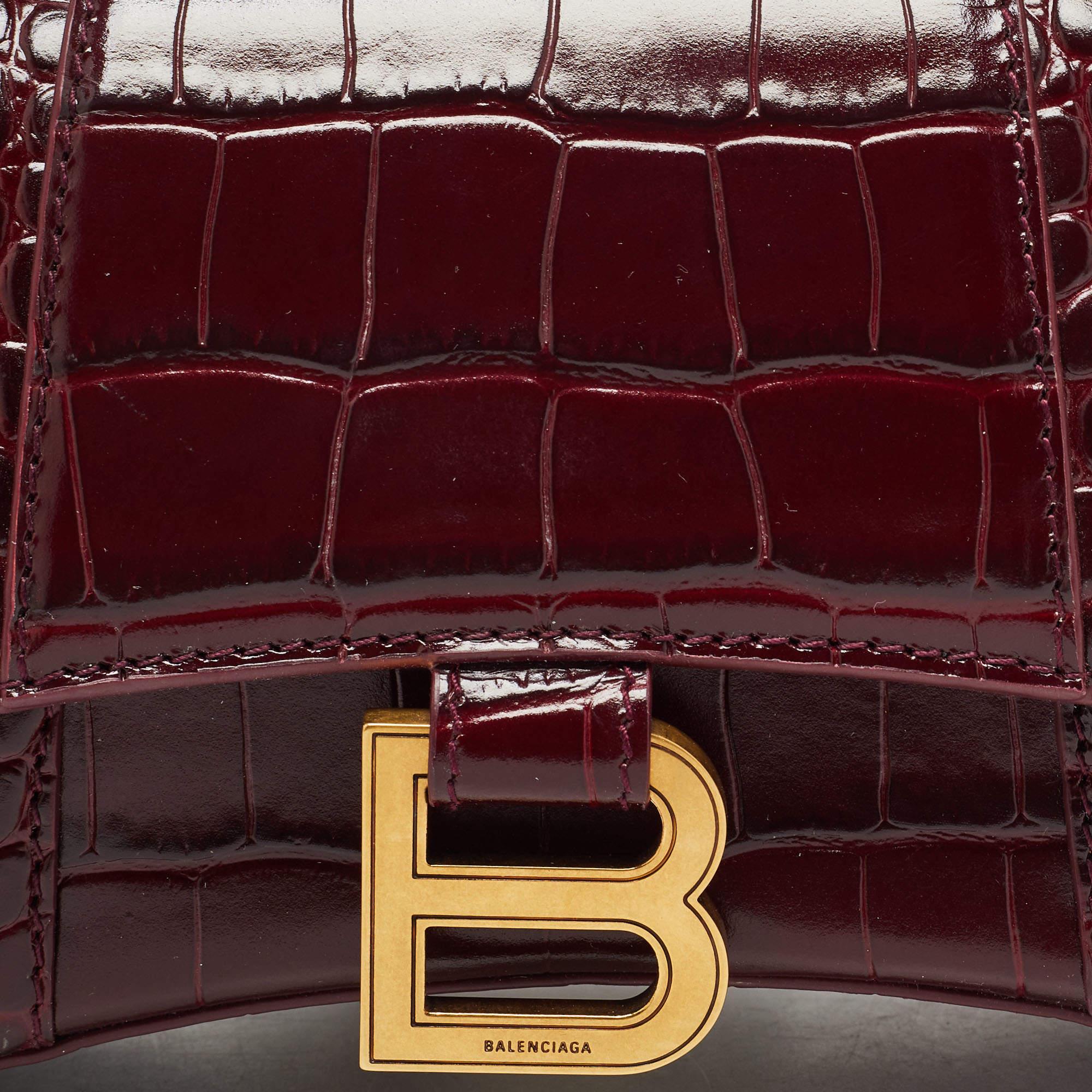 Balenciaga Burgundy Croc Embossed Leather XS Hourglass Top Handle Bag ...