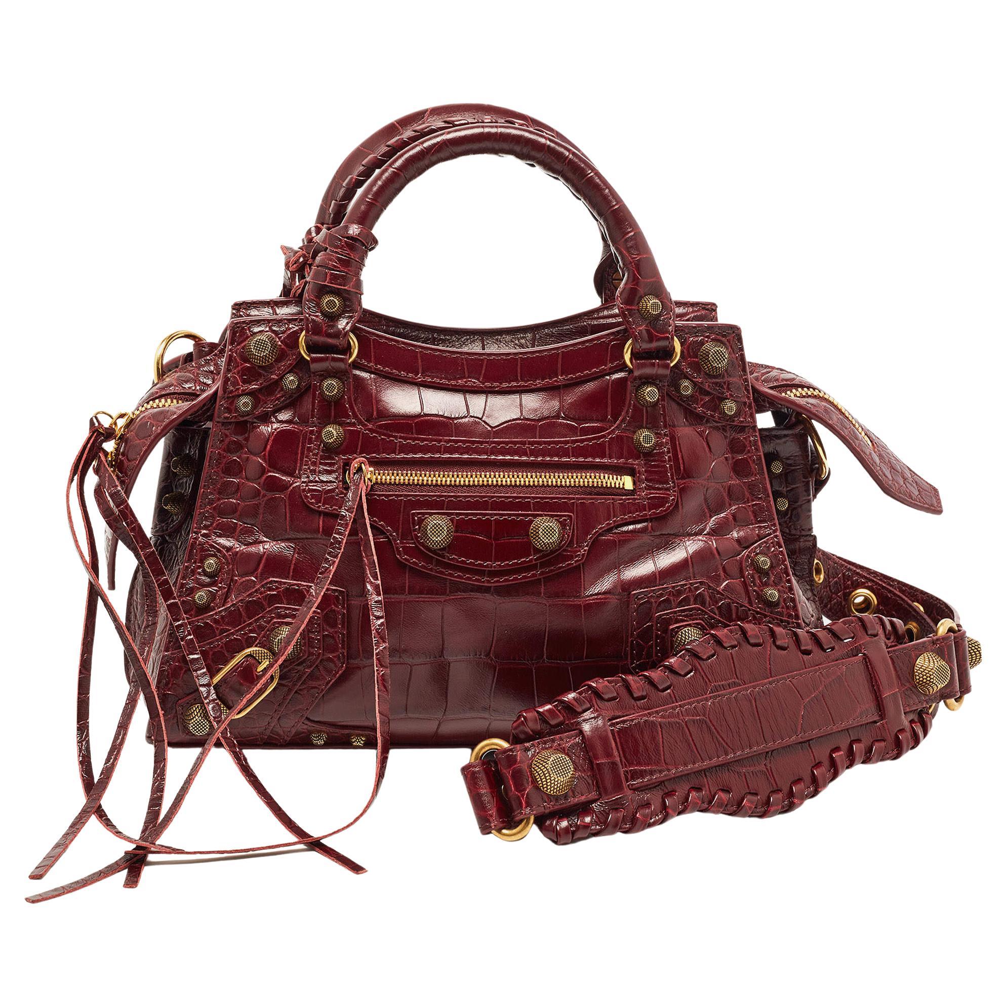 Balenciaga Dark Red Croc Embossed Leather XS Neo Cagole Bag at 1stDibs