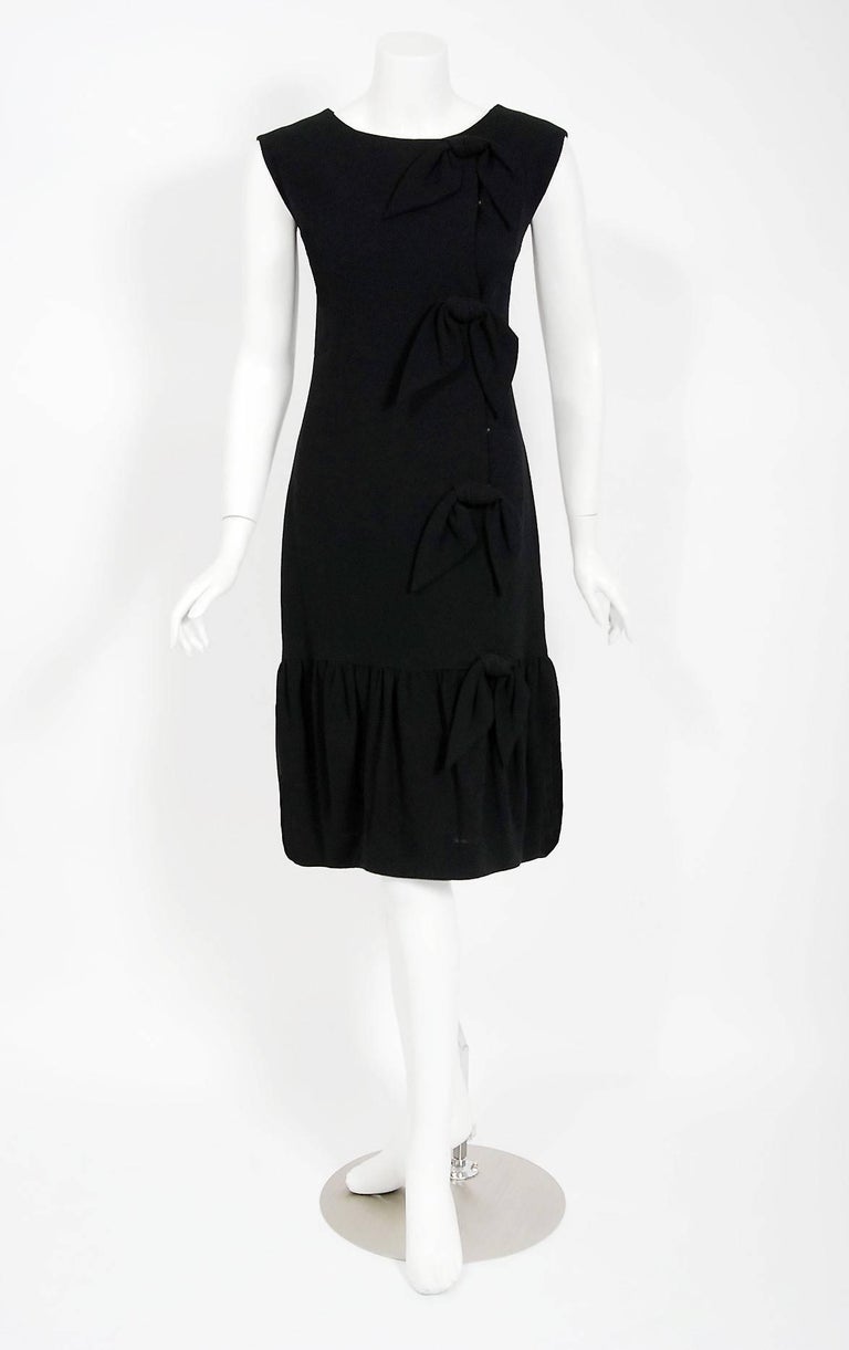 1957 Balenciaga Haute-Couture Black Wool Bow Trimmed Flounce Cocktail ...