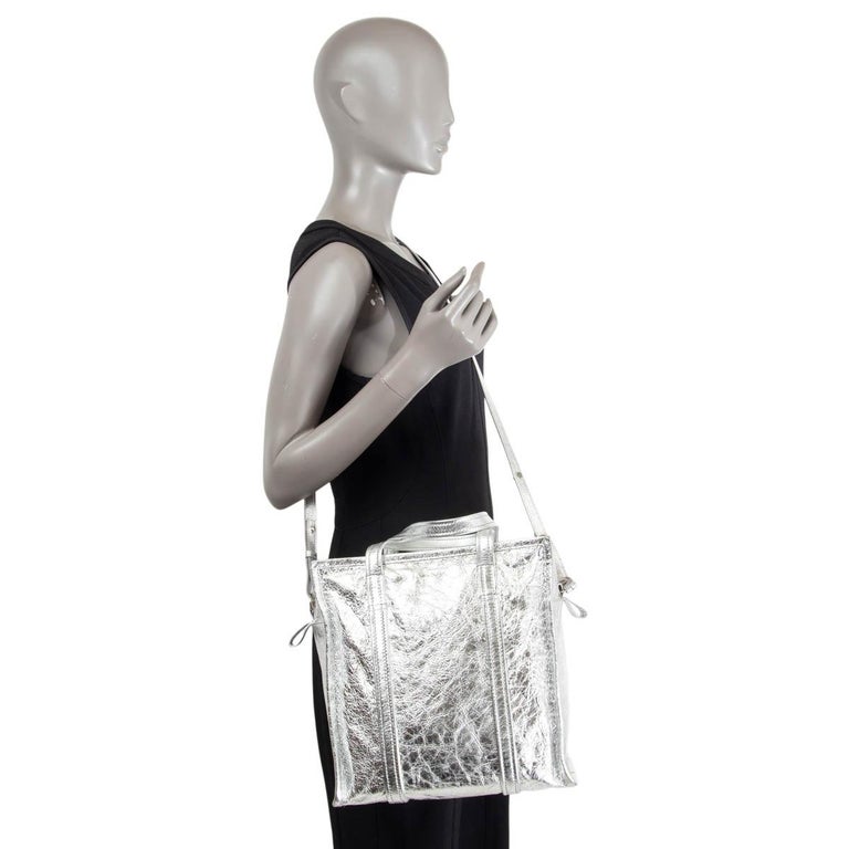 BALENCIAGA metallic silver crackled leather SMALL BAZAR Tote Bag For ...