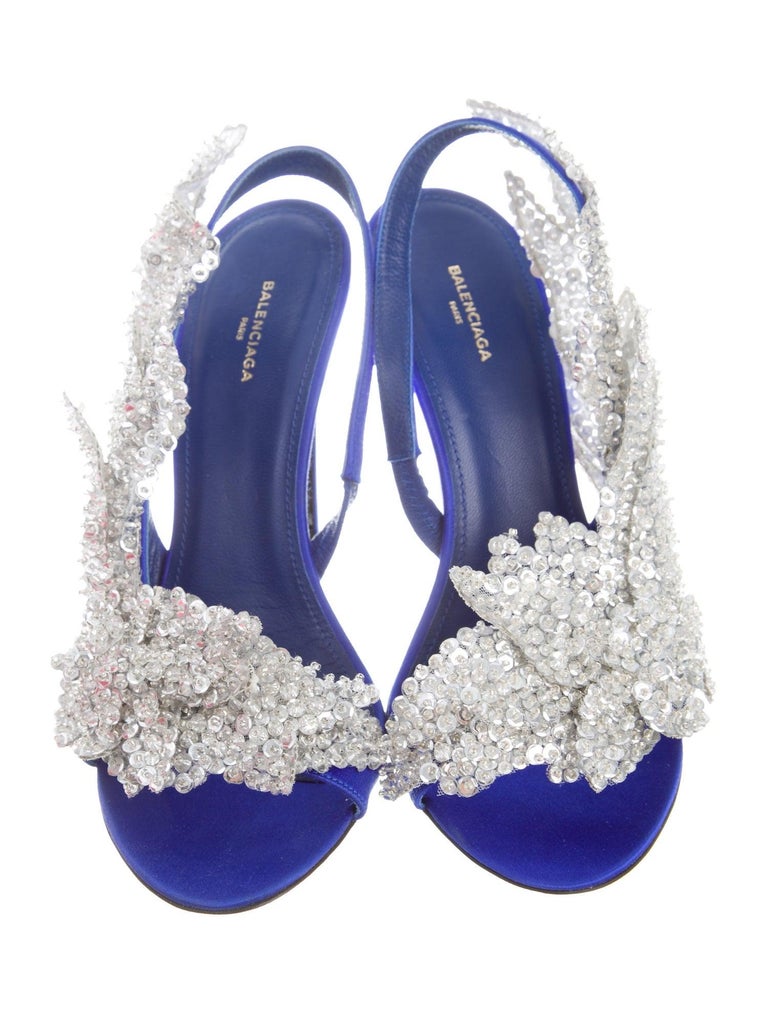 Balenciaga NEW Blue Sequin Beaded Slingback Evening Sandals Heels Pumps ...