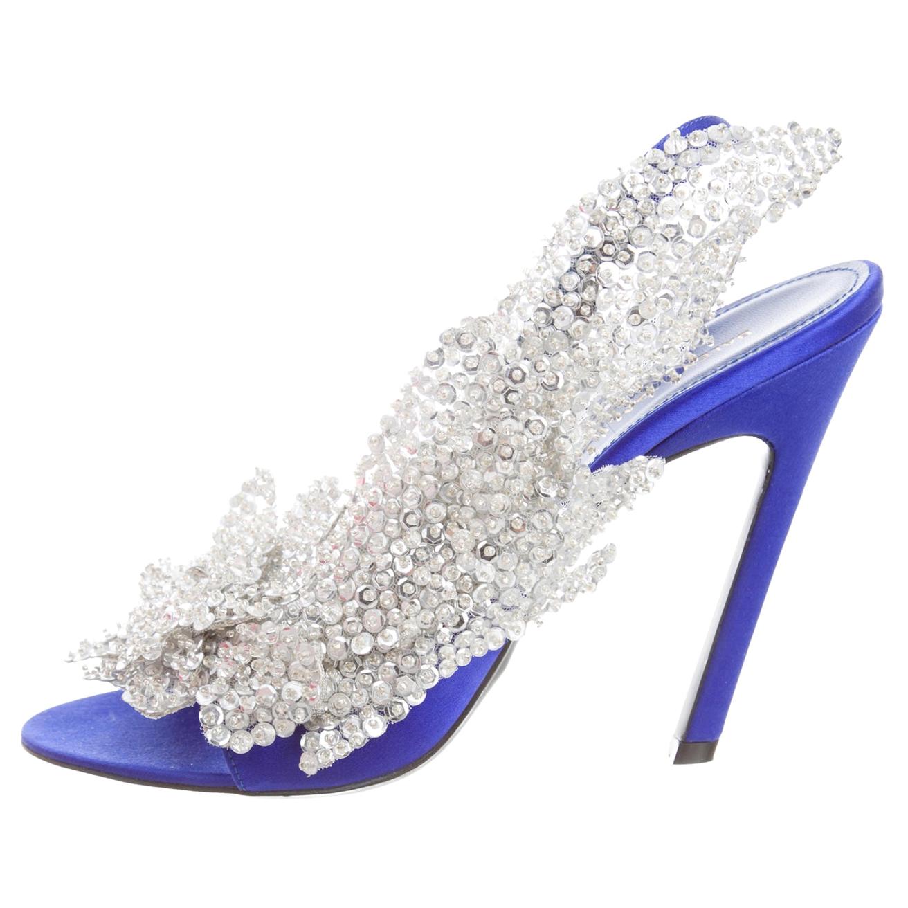 Balenciaga NEW Blue Sequin Beaded Slingback Evening Sandals Heels Pumps ...