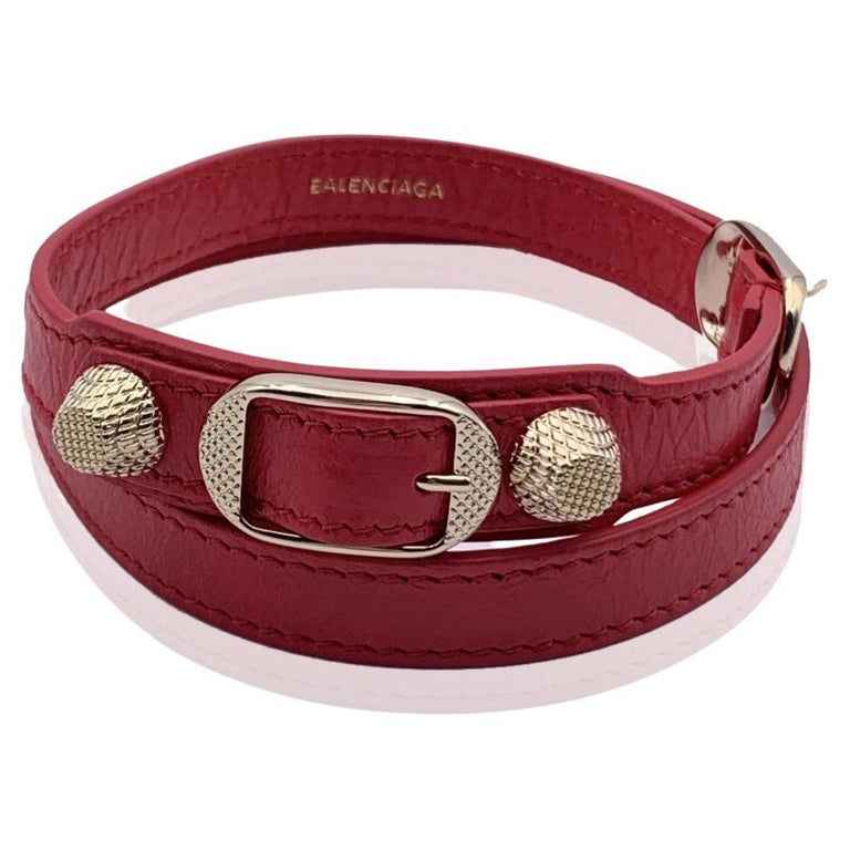Balenciaga Red Leather Arena 3 Tour Wrap Bracelet Gold Metal Studs For ...