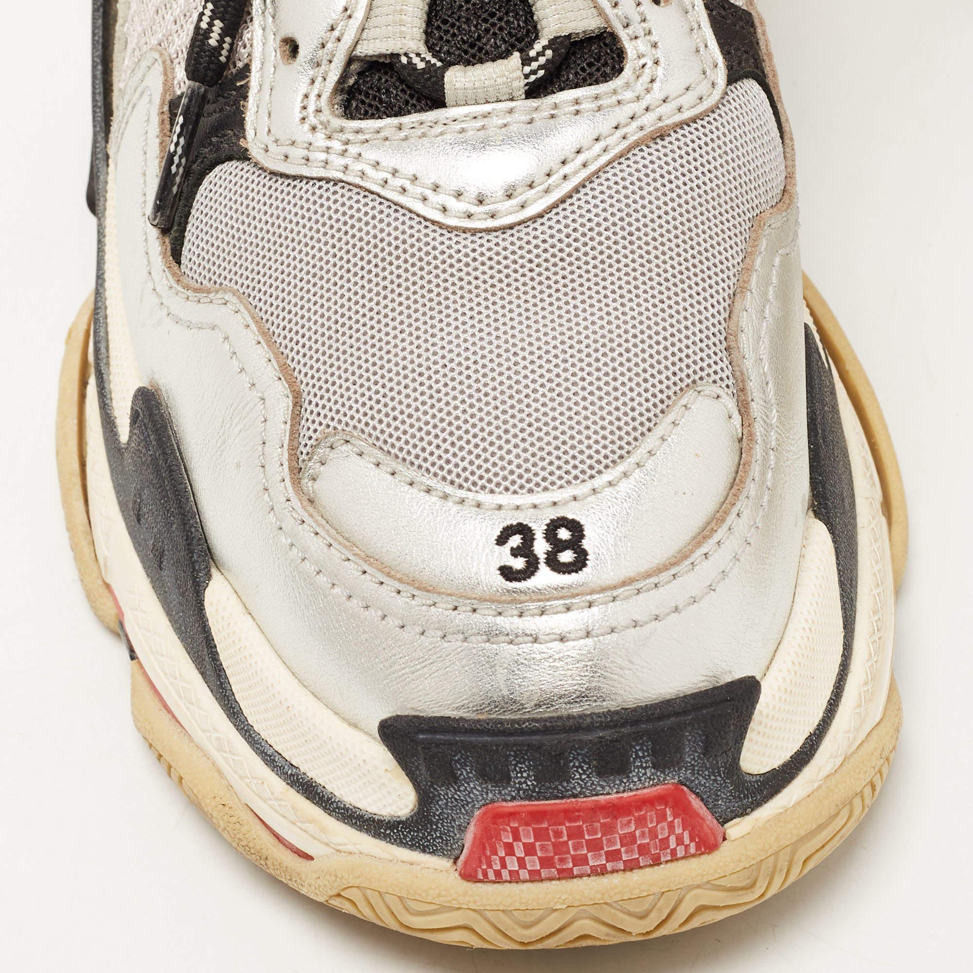 Balenciaga Silver/Grey Leather and Mesh Triple S Sneakers Size 38 For ...