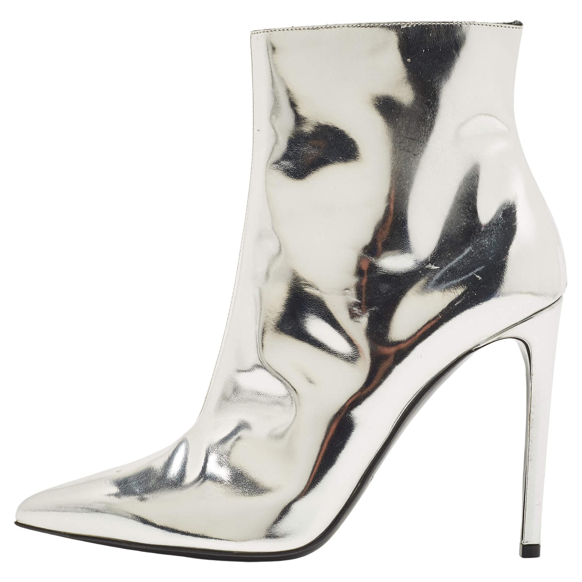 Saint Laurent "Lukas 40" Western Metallic Silver Leather Ankle Boot ...