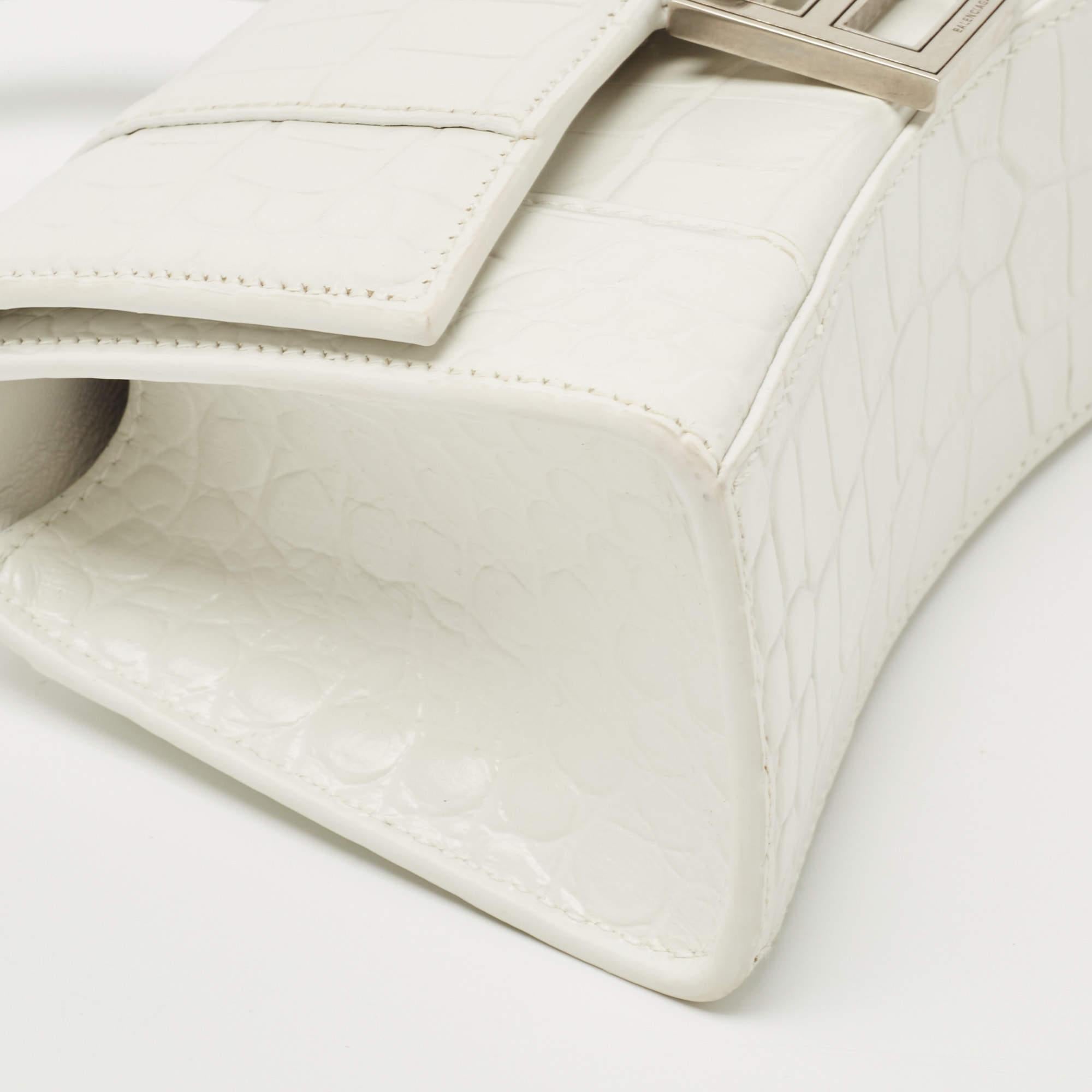 Balenciaga White Croc Embossed Leather XS Hourglass Top Handle Bag For ...