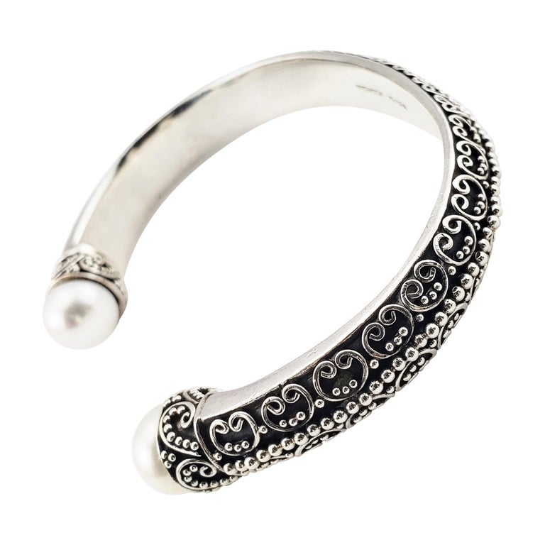 Bali Indonesia Sterling Silver and Pearl Cuff Bracelet at 1stDibs