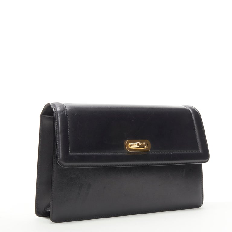 BALLY black smooth leather gold ring lock magnetic flap shoulder bag ...