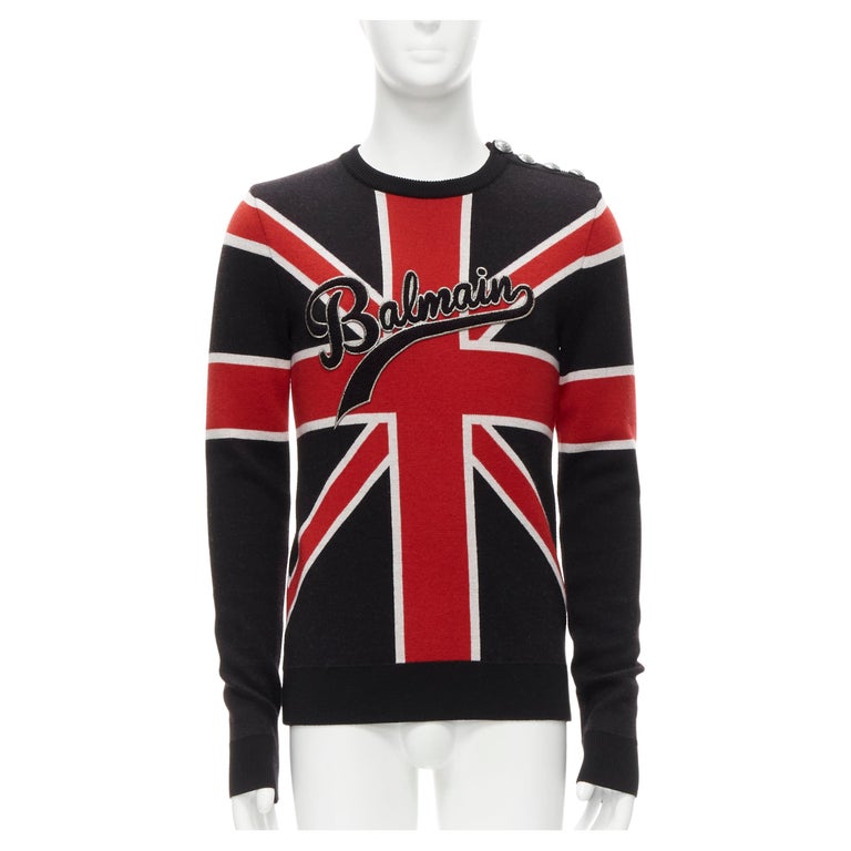 BALMAIN 100% wool cursive logo Union Jack silver tone buttons sweater S ...