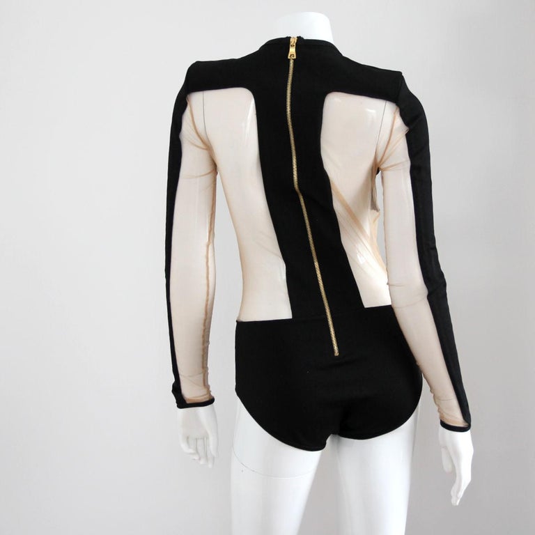 BALMAIN 2010er Schwarzes durchsichtiges Bodysuit-Oberteil mit ...