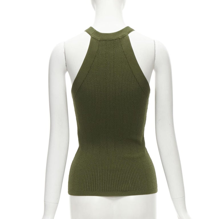 BALMAIN 2021 green viscose knit gold military button halter top FR34 XS ...