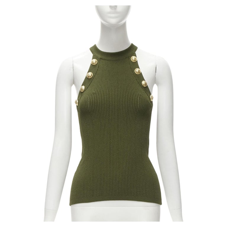 BALMAIN 2021 green viscose knit gold military button halter top FR34 XS ...