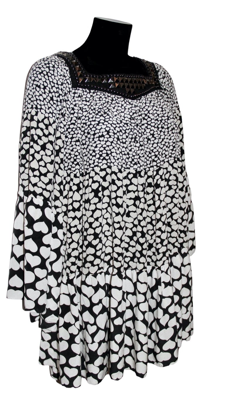 Balmain Black and White Heart Print Silk Mini Dress For Sale at 1stDibs