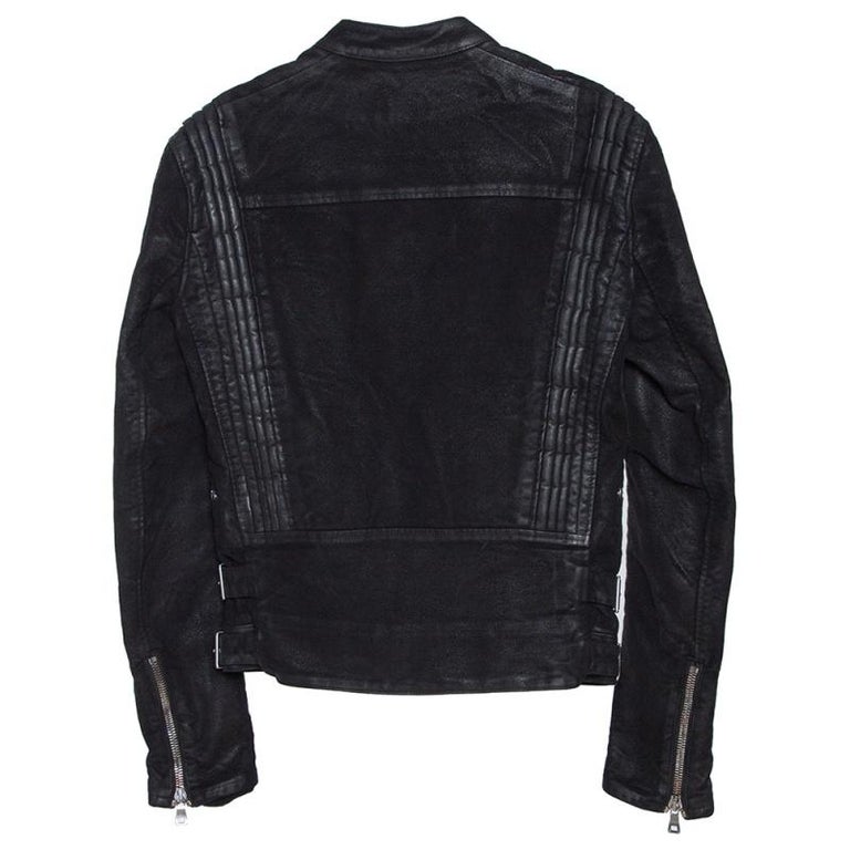 Balmain Black Coated Cotton Zip Front Biker Jacket S at 1stDibs