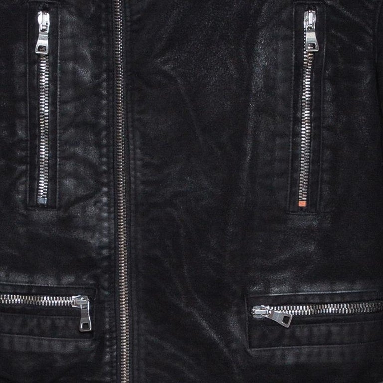 Balmain Black Coated Cotton Zip Front Biker Jacket S at 1stDibs