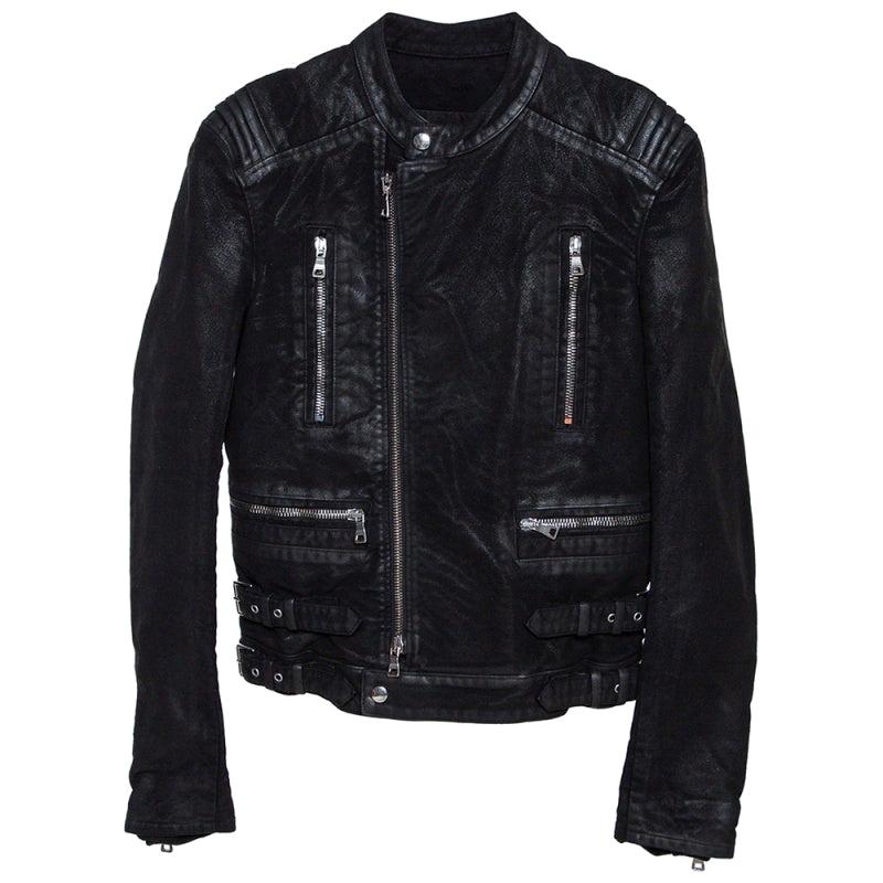 Balmain Black Coated Cotton Zip Front Biker Jacket S at 1stDibs