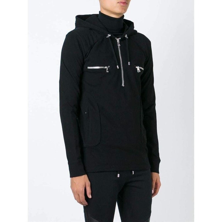 Balmain Black Cotton Black Zipper Biker Hoodie Jacket For Sale at 1stDibs