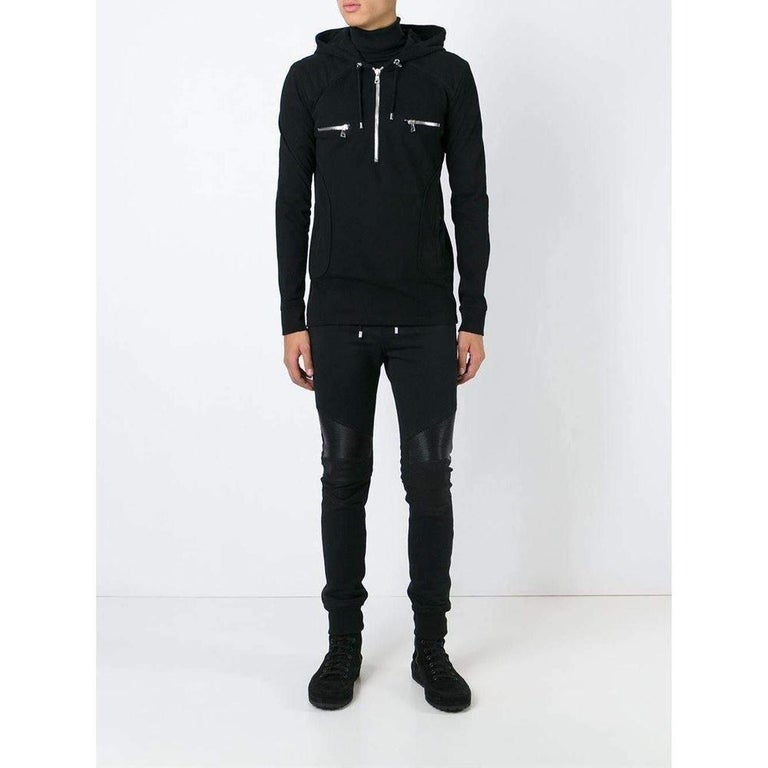 Balmain Black Cotton Black Zipper Biker Hoodie Jacket For Sale at 1stDibs