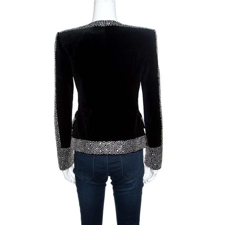 Balmain Black Crystal Embellished Velvet Tailored Power Shoulder Blazer ...