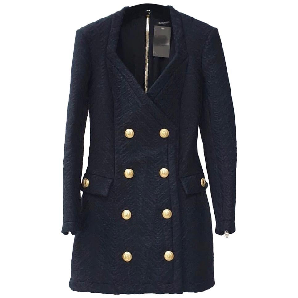 Balmain Black Double Breasted Gold Button Mini Coat Dress at 1stDibs ...