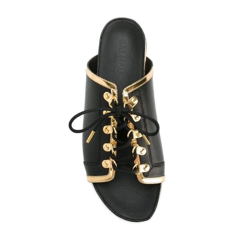 Balmain Black Gold Lace up Sliders Men Leather Sandals For Sale at 1stDibs
